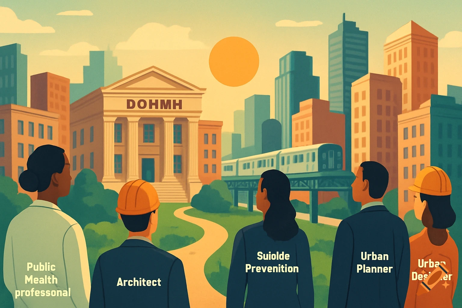 Illustration of diverse professionals looking at a city skyline with a ...
