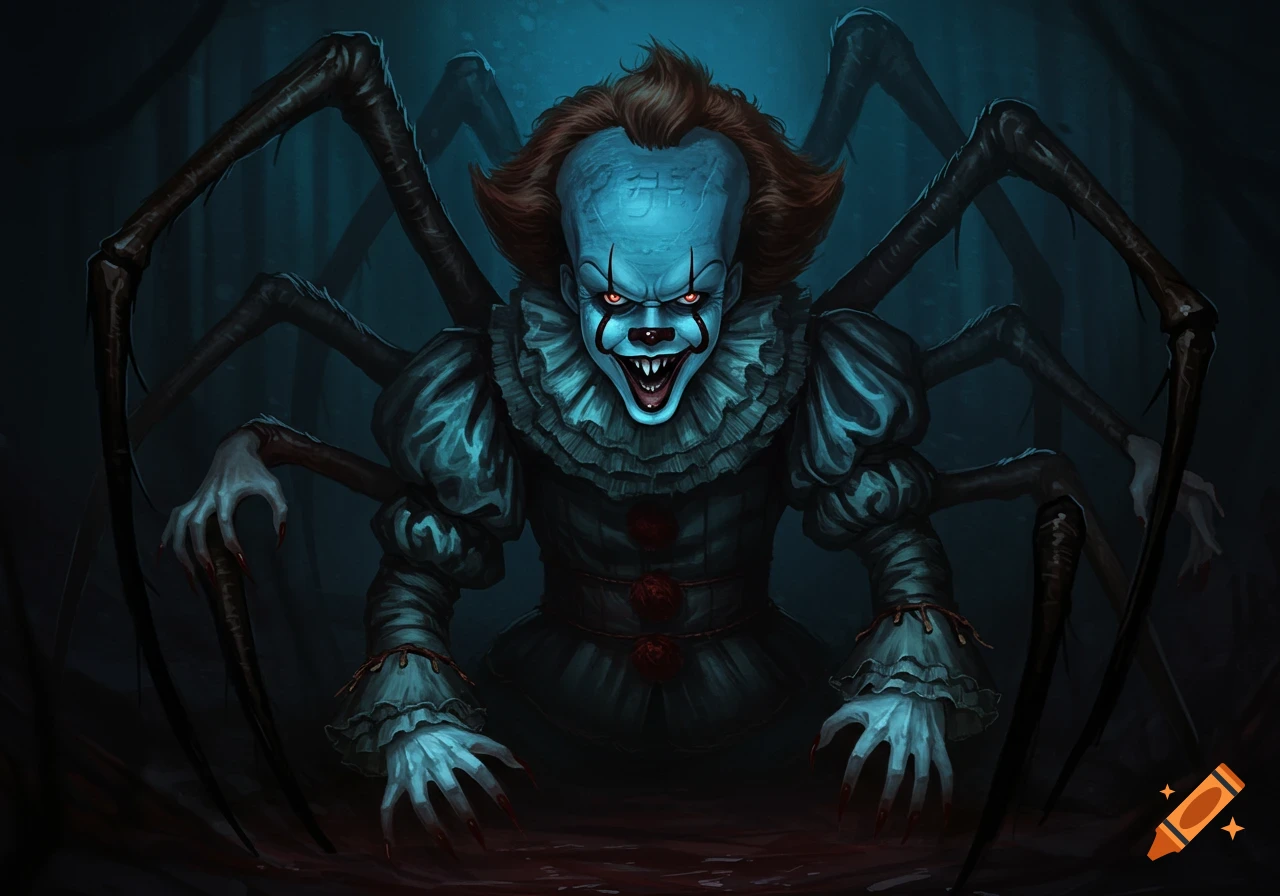Spider-like creature resembling Pennywise the clown with red eyes ...