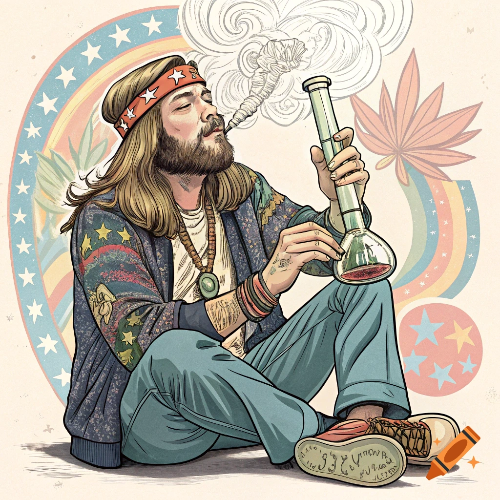 Illustration of a hippie-styled person smoking a bong on Craiyon