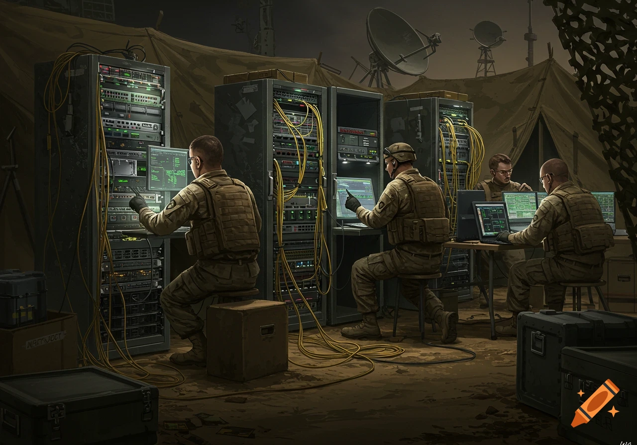 Illustration of military personnel working on computers and servers ...