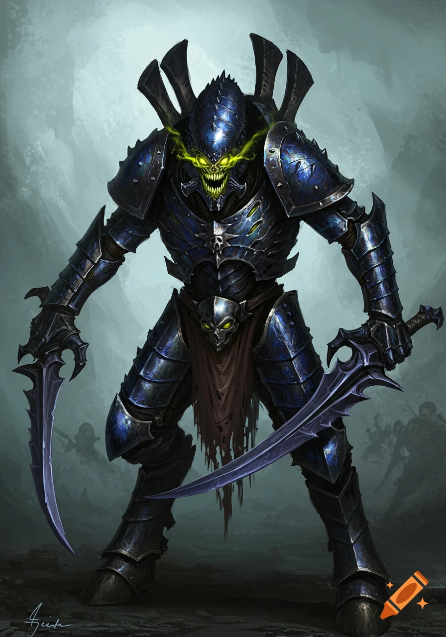 Digital painting of a large, blue and black armored alien creature with ...