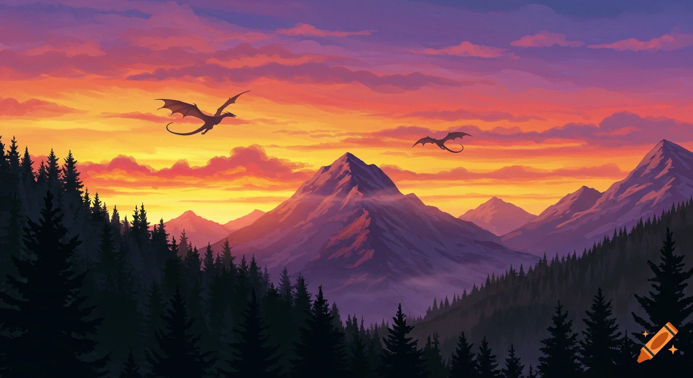 A vibrant sunset sky over mountains and a forest with dragons flying ...