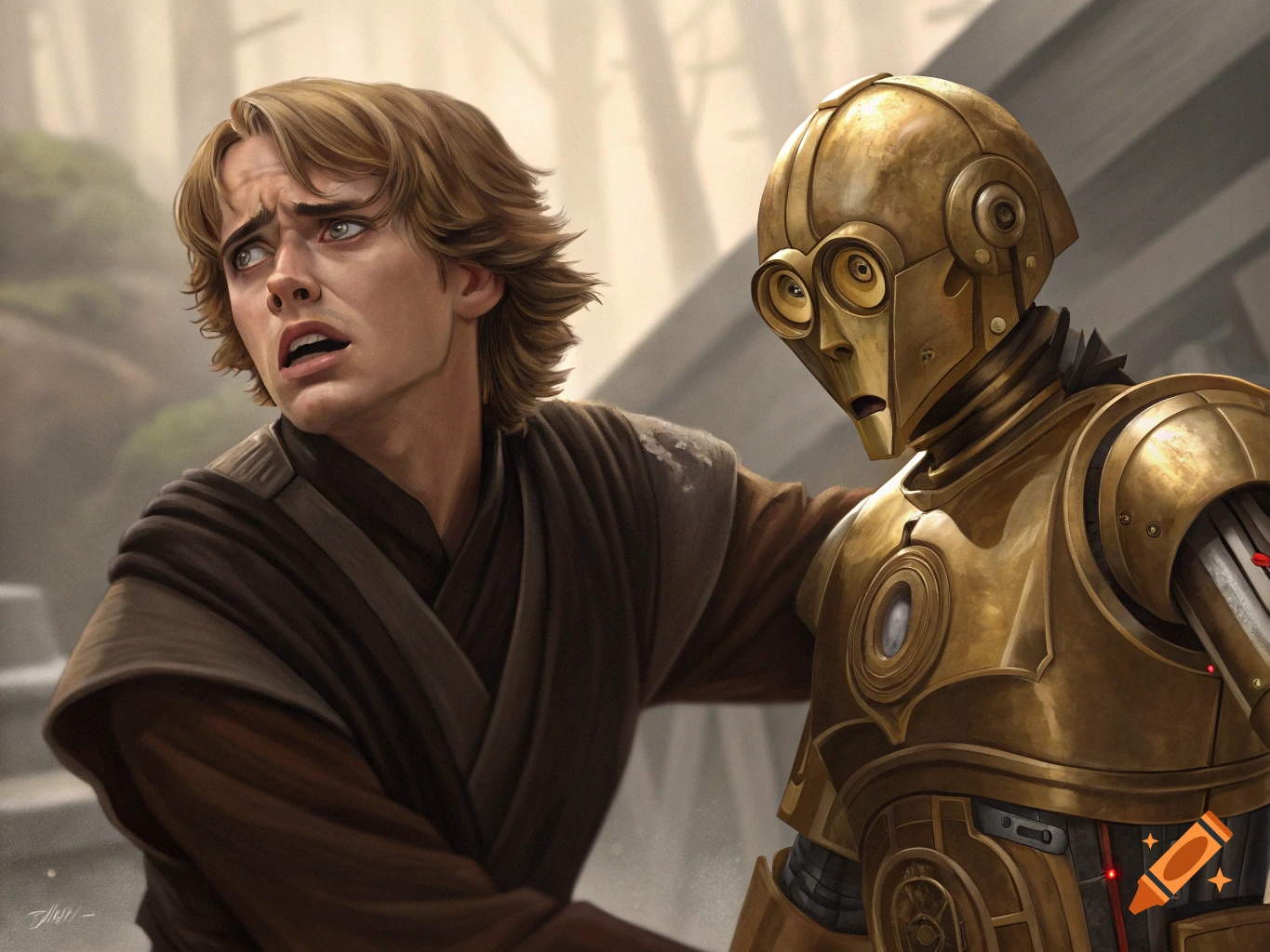 Worried young man pushes a golden droid aside in a forest. on Craiyon