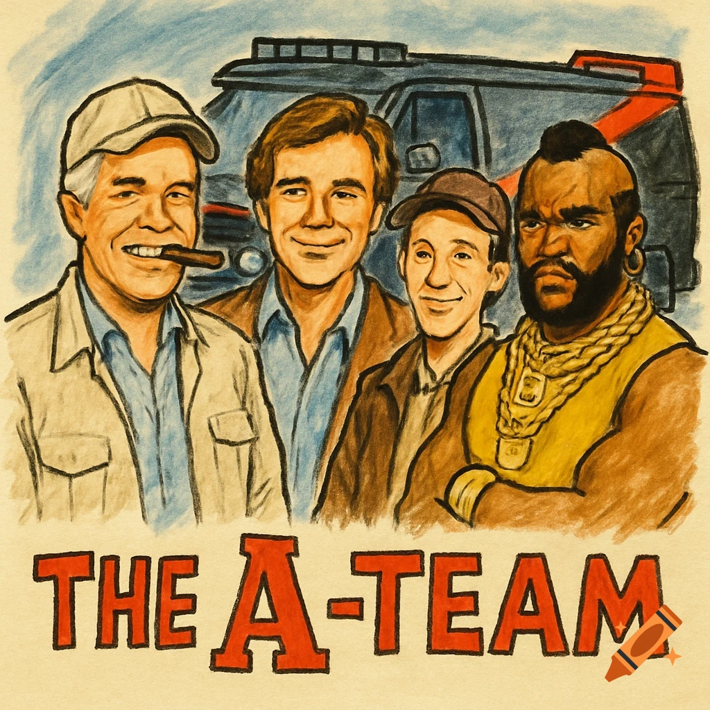 Pictionary style illustration of the A-Team characters and van with ...