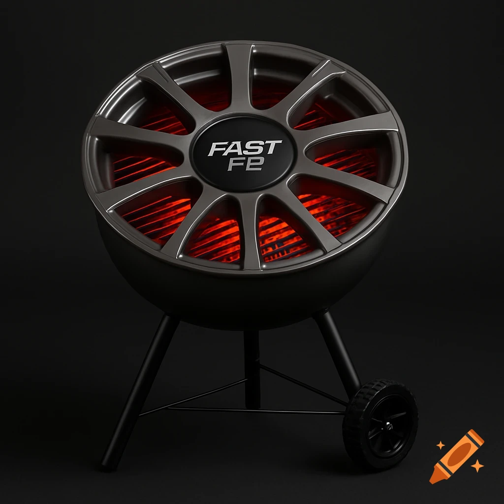 A BBQ grill with a dark gray car wheel rim lid showing glowing red ...