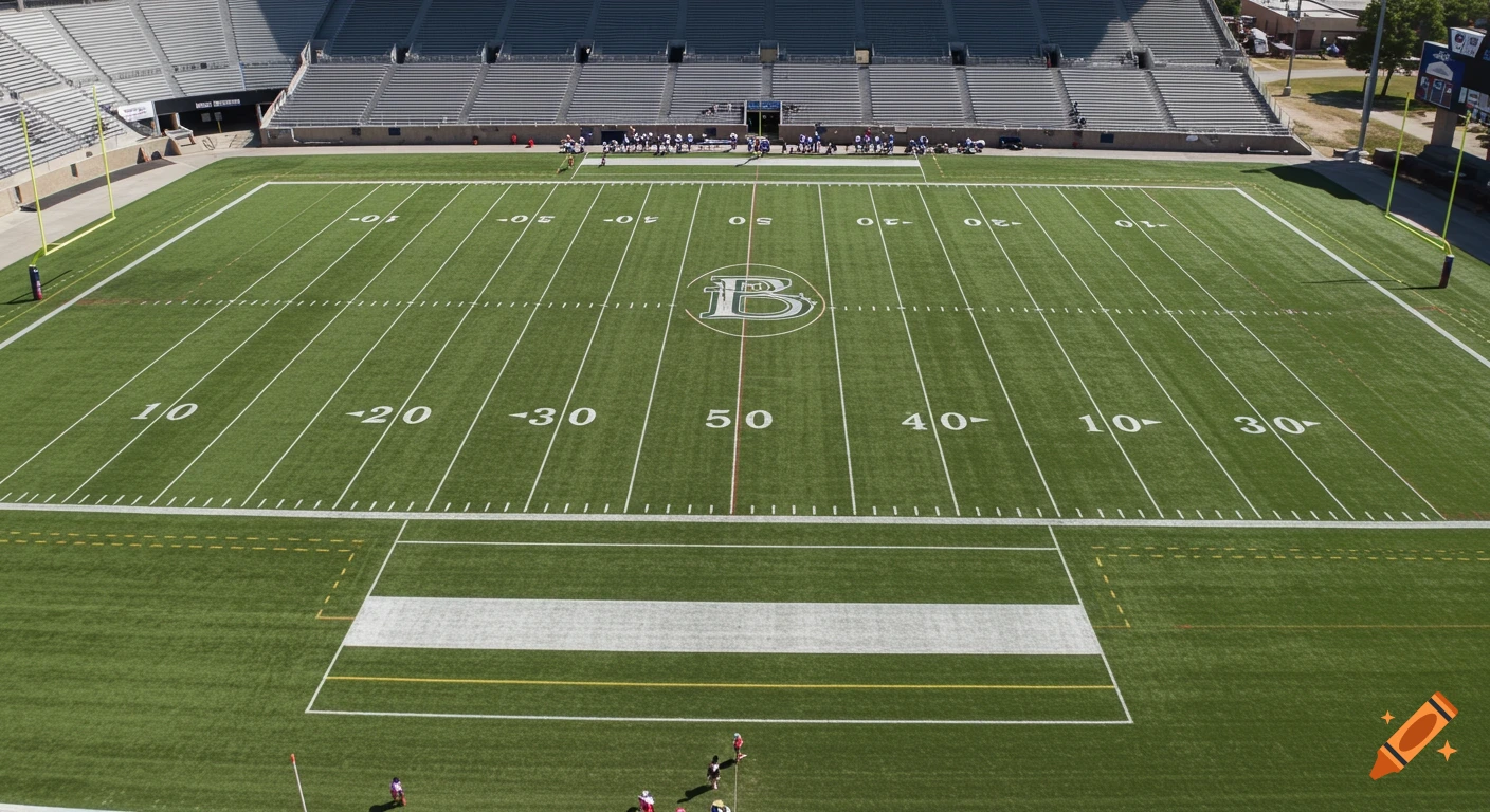 High-angle view of an American football field with stadium seats and ...
