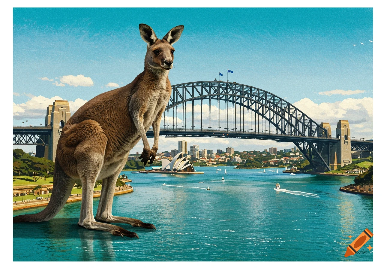 A large kangaroo stands in the water in front of the Sydney Harbour ...