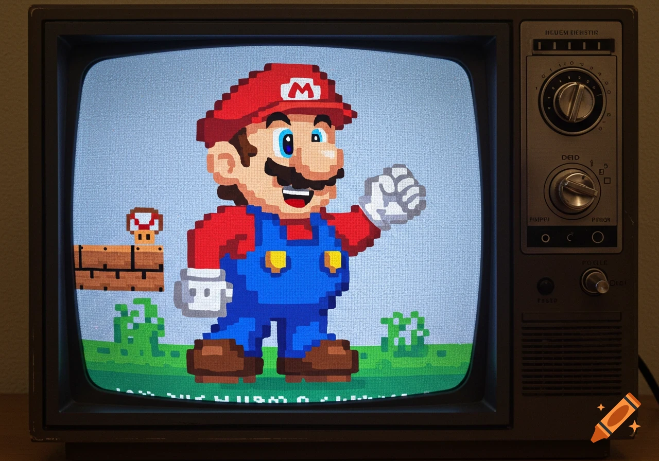 Pixel art depiction of Mario on an old CRT television screen. on Craiyon
