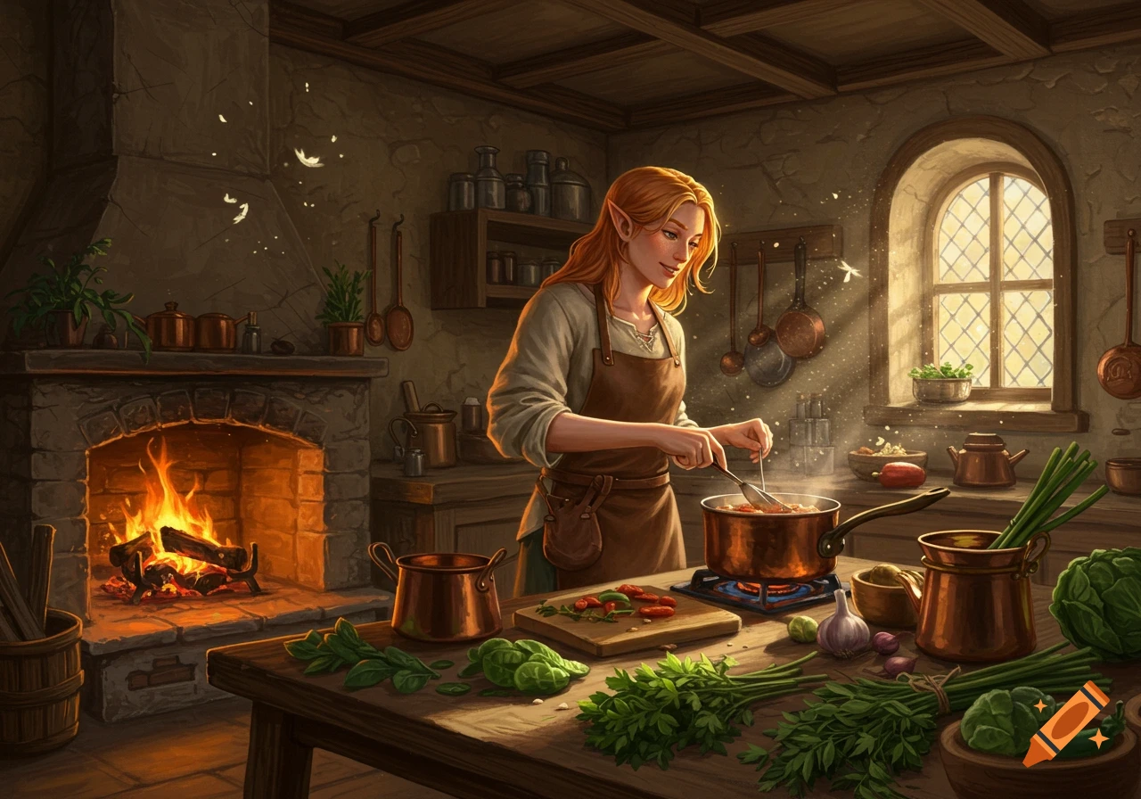 An elf cooking in a rustic kitchen with a fireplace. on Craiyon