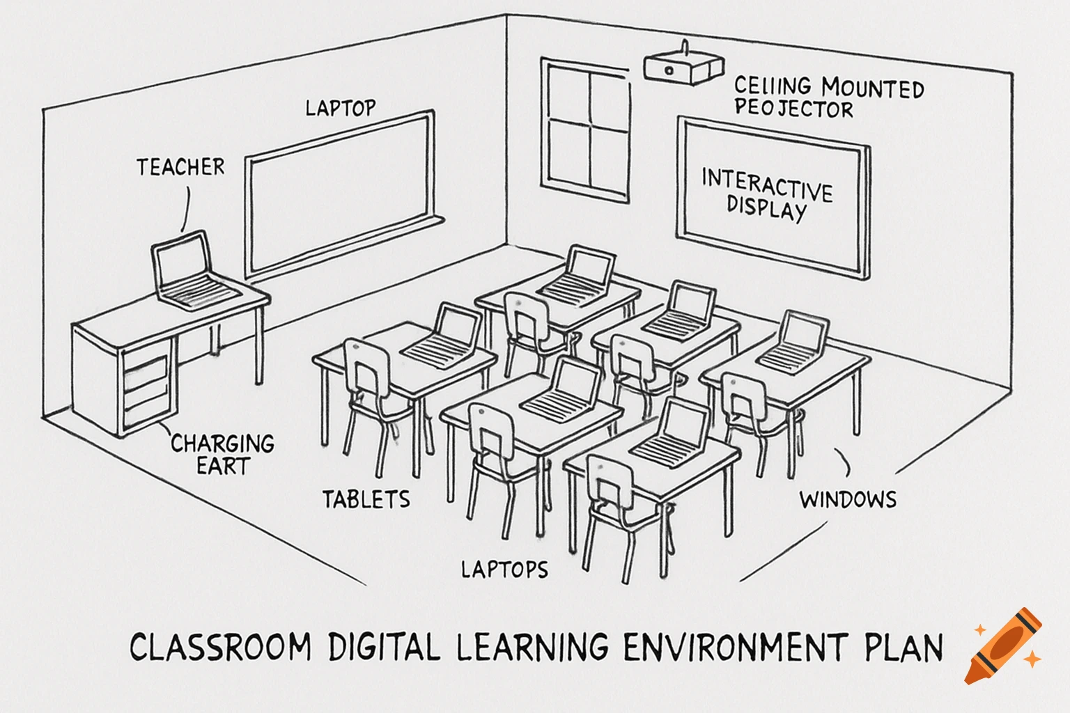 Line drawing diagram of a digital classroom layout with desks, laptops ...