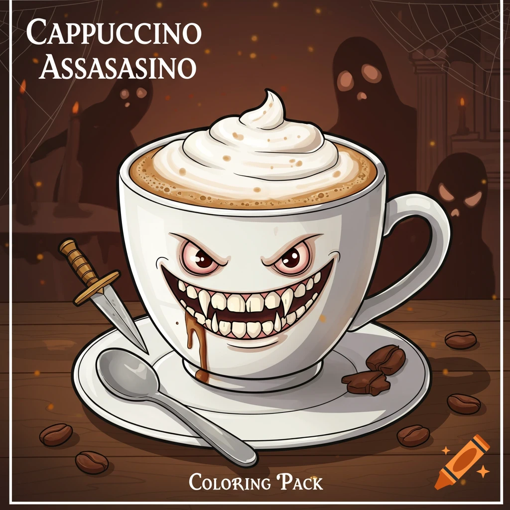 Illustration of a spooky cappuccino cup with vampire teeth and dagger ...