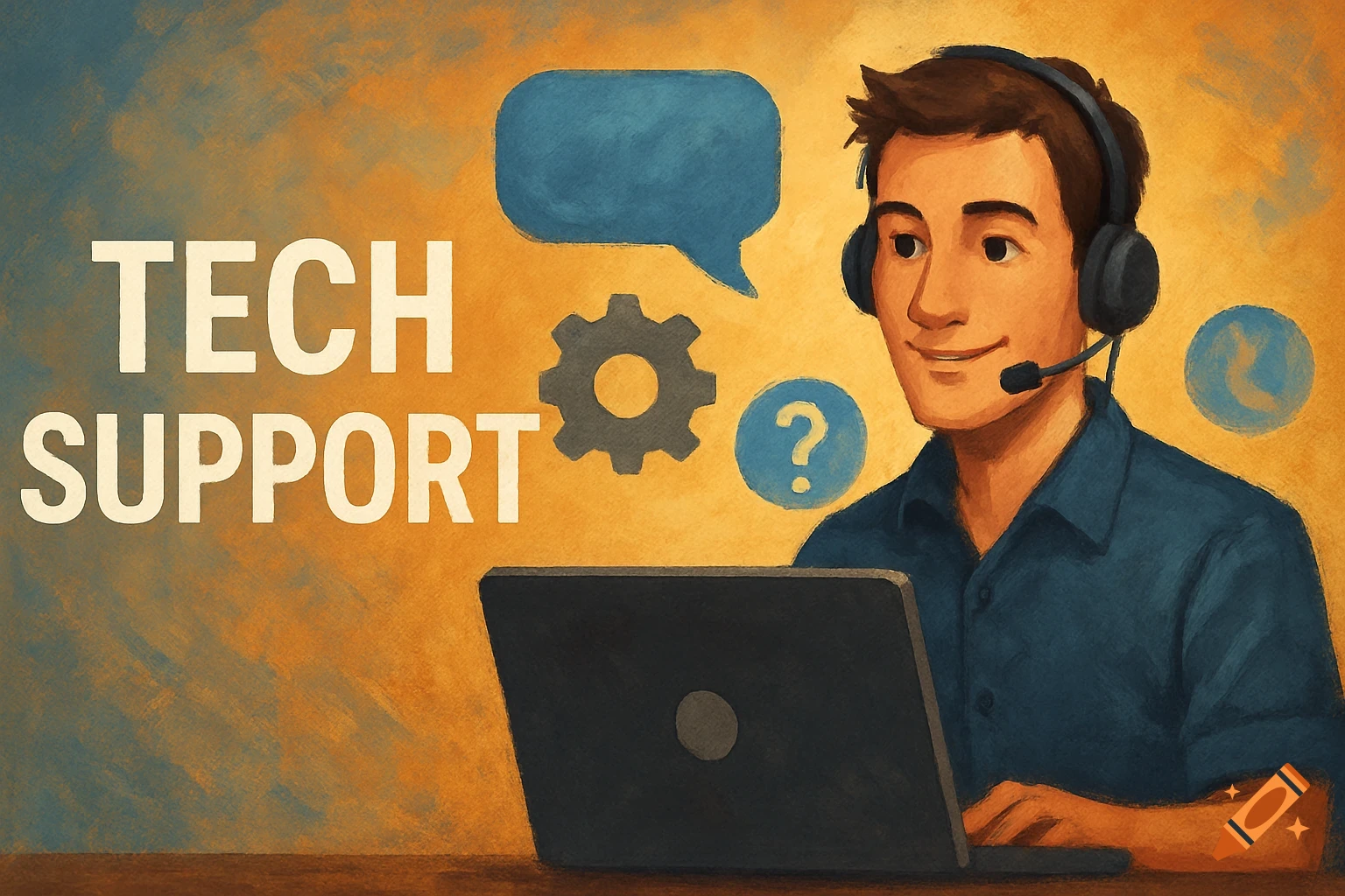 Illustration of a tech support person with a headset and laptop, with ...