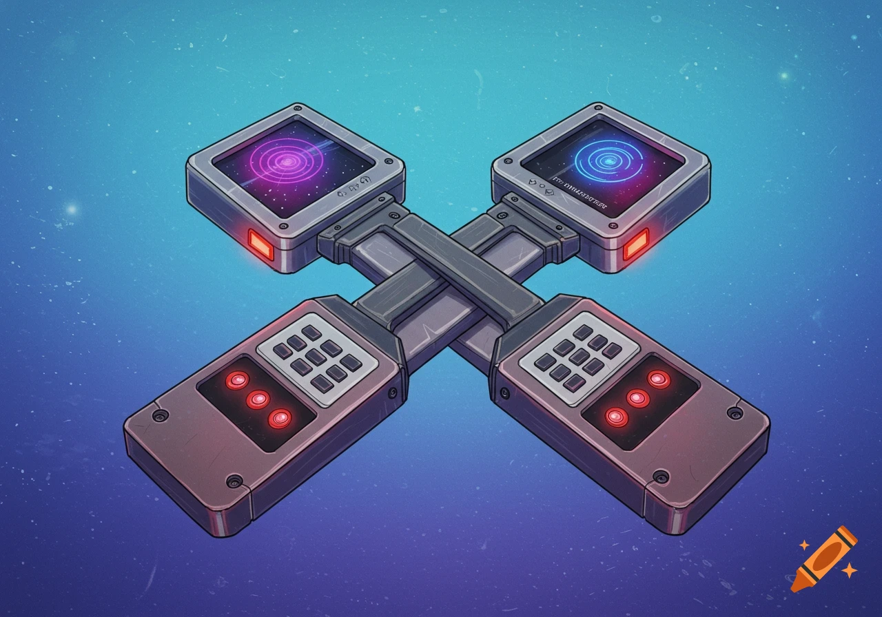 Illustration of two crossed retro-futuristic handheld devices with ...