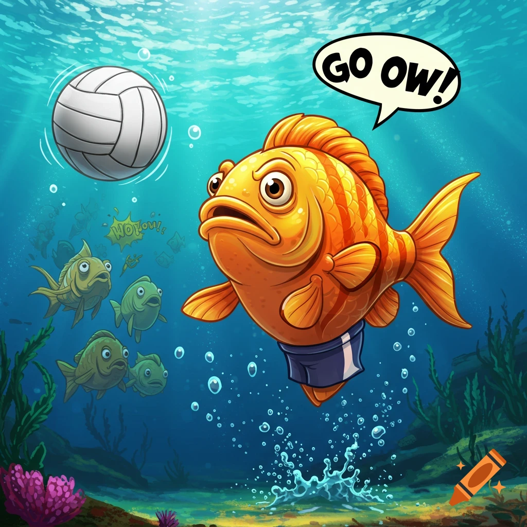 Cartoon fish in shorts playing volleyball underwater with other fish ...