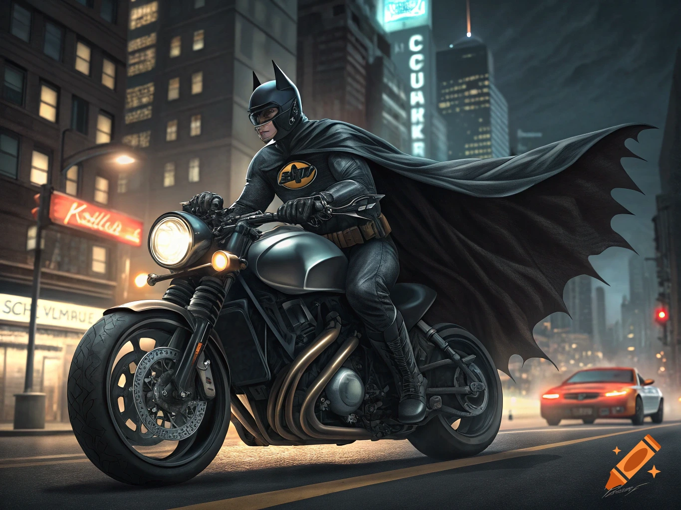 Batman riding a black motorcycle down a city street at night, digital ...