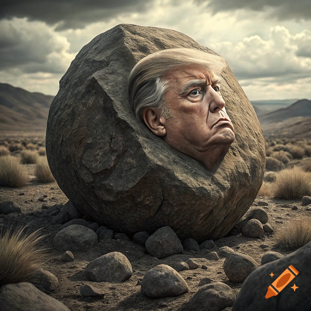 A face resembling Donald Trump emerges from a large rock in a barren ...