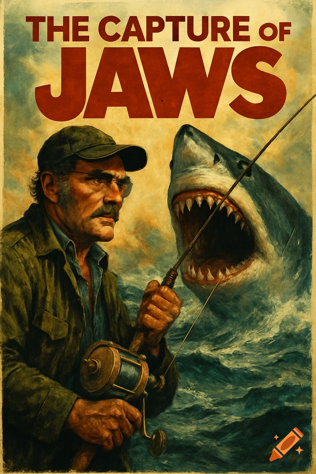 Movie poster for 'The Capture of Jaws' showing a man fishing near a ...