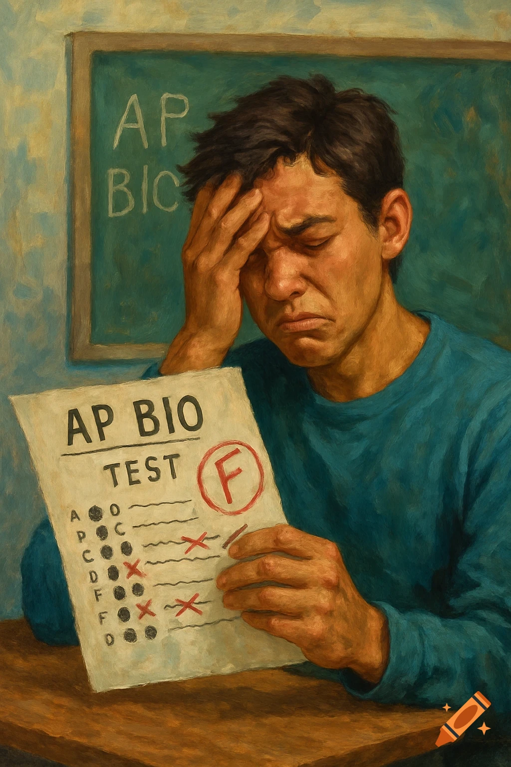 Painting of an upset student holding an AP Bio test with an F grade. on ...