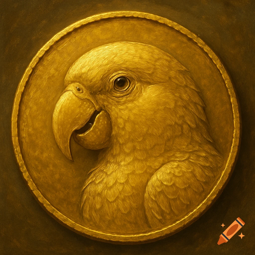 A gold coin embossed with the head of a parrot. on Craiyon