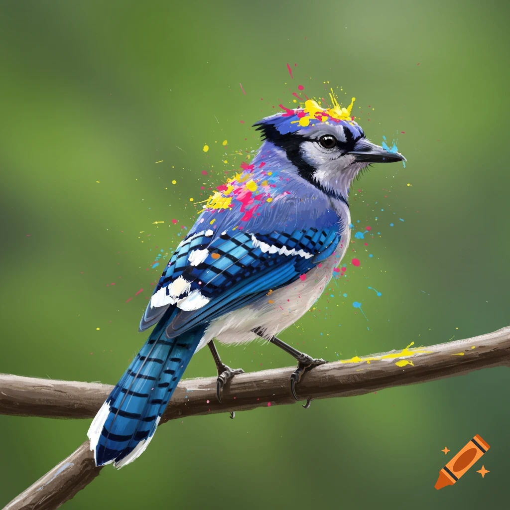 An illustration of a blue jay perched on a branch, splattered with colorful paint. on Craiyon