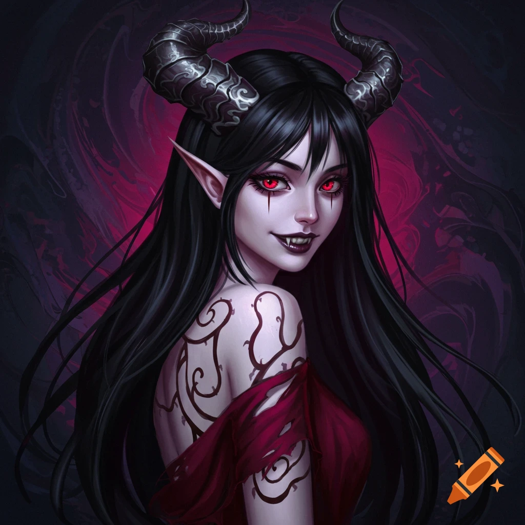 Fantasy portrait of a demon girl with horns, fangs, and red eyes ...