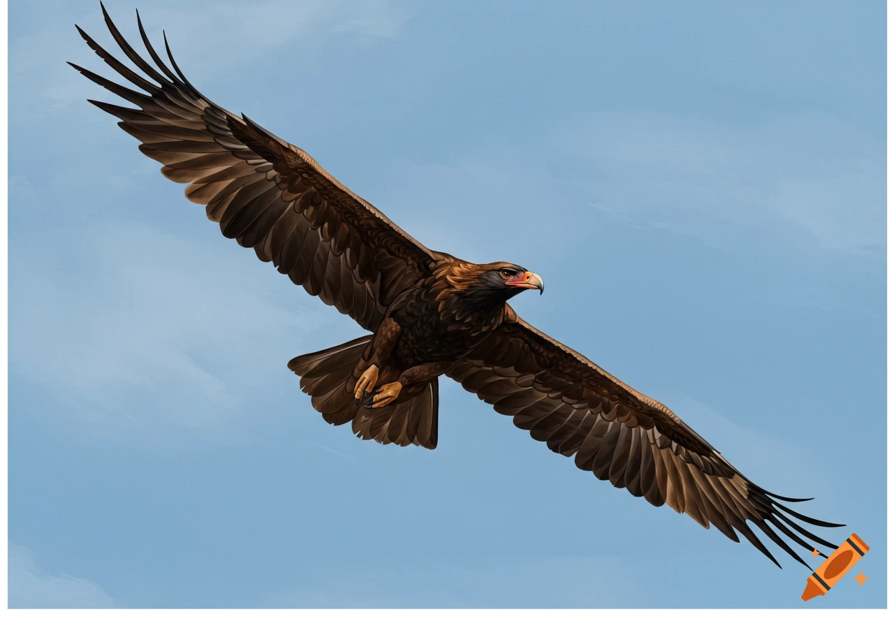 Wedge-tailed eagle soaring with wings extended against a blue sky. on ...