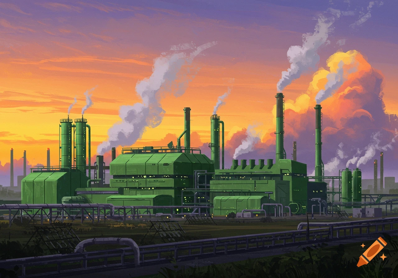 Stylized illustration of a green factory releasing smoke against an ...