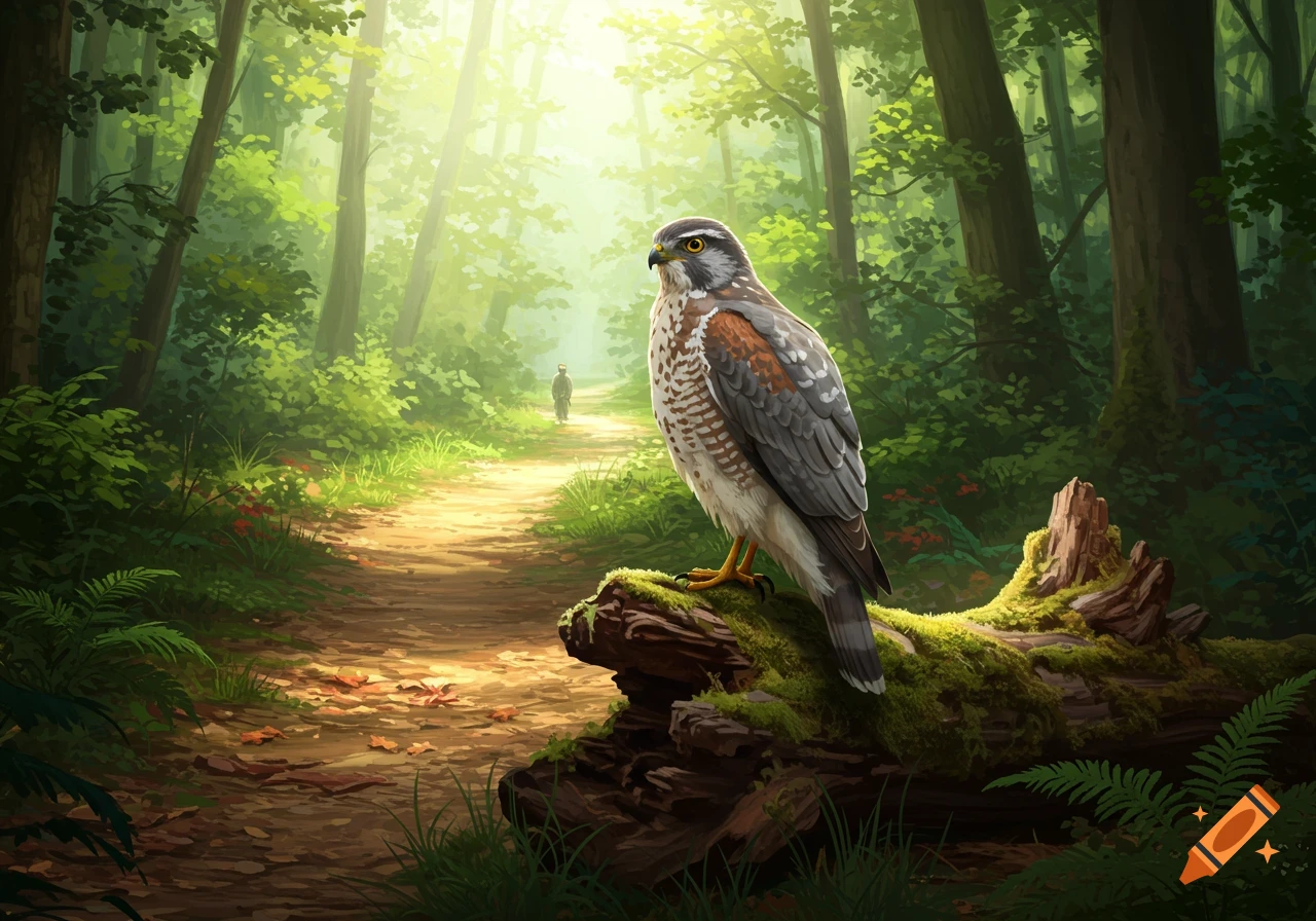 A hawk perches on a mossy log in a sunny forest, with a person on a ...