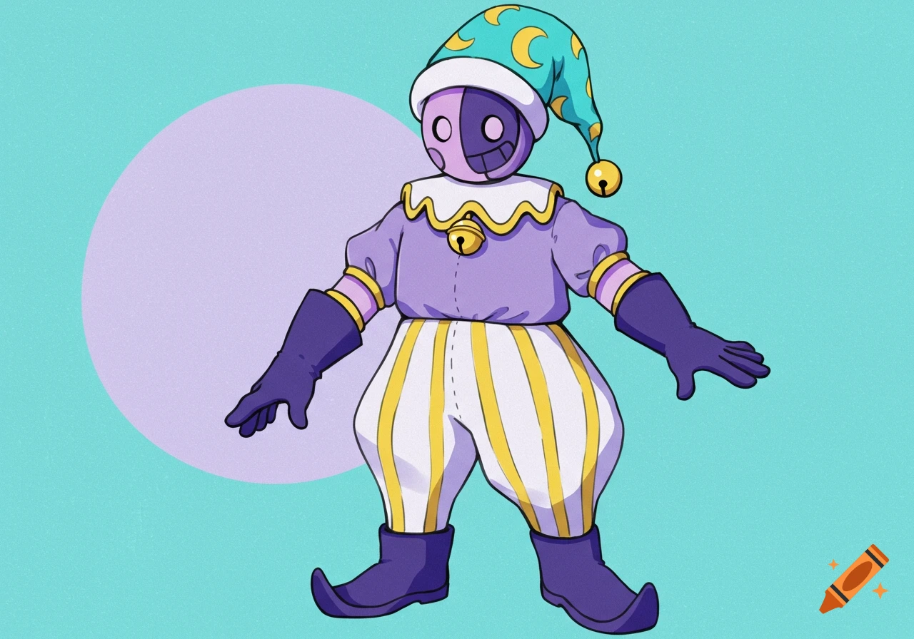 Stylized illustration of a character in a purple and yellow clown suit ...