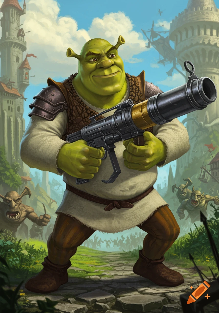 Shrek holds a large weapon in a fantasy landscape with goblins. on Craiyon
