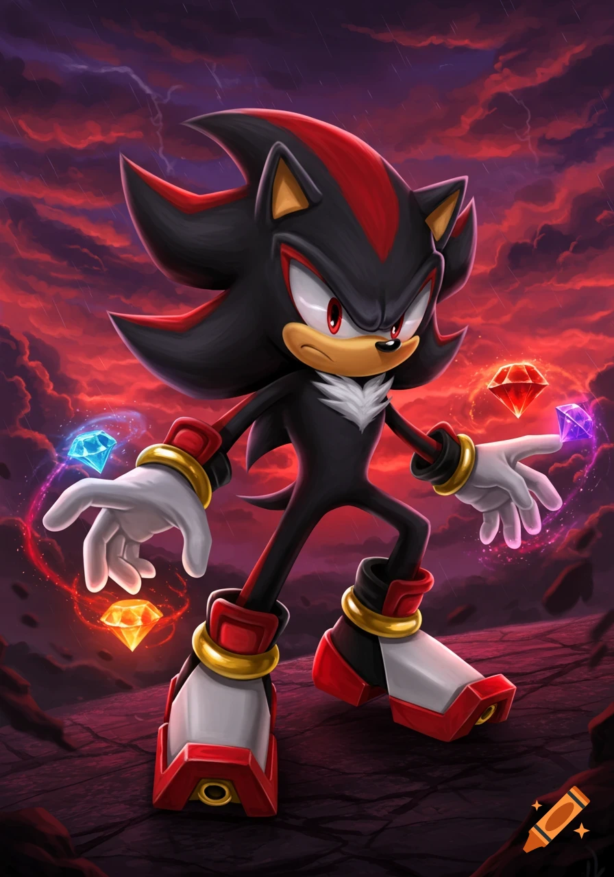 Shadow the Hedgehog stands with glowing chaos emeralds in a stormy red ...