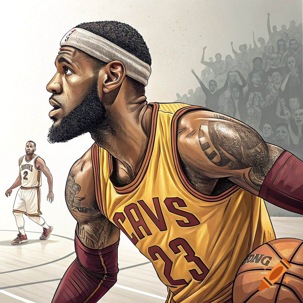Illustration of LeBron James playing basketball in a Cleveland Cavaliers jersey. on Craiyon