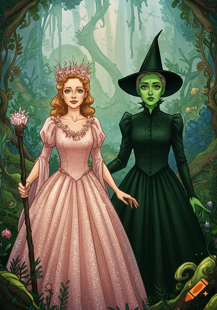 Illustration of Glinda and Elphaba standing together in a green forest ...