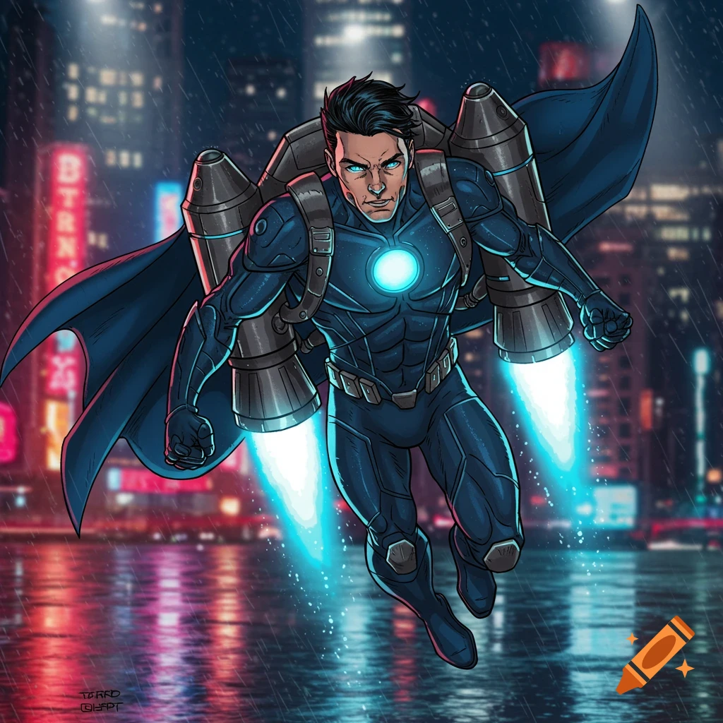 Comic book style illustration of a superhero with a jetpack flying over ...