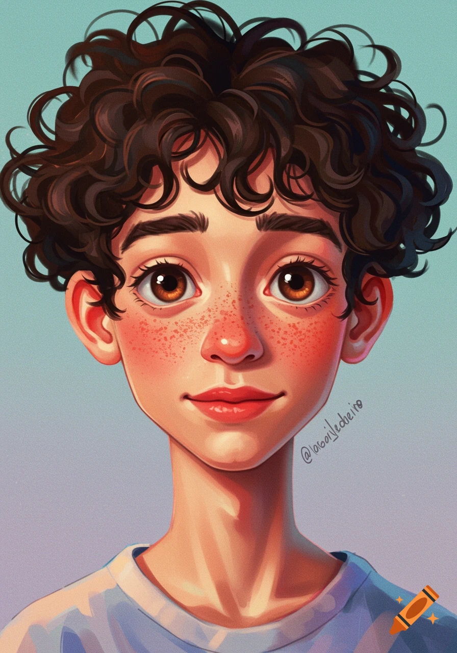Close-up illustration of a boy with curly brown hair, freckles, and brown eyes. on Craiyon