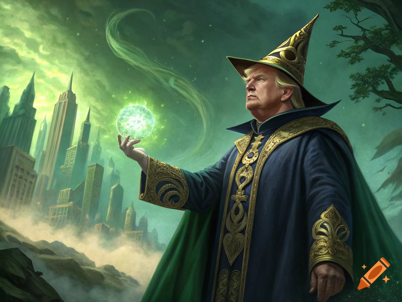An illustration of Donald Trump dressed as a wizard holding a glowing ...