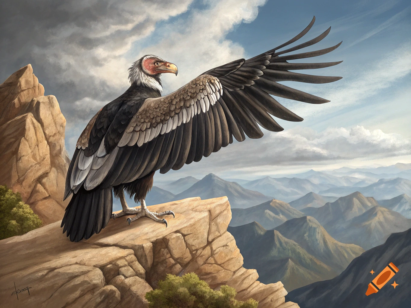 A condor perched on a rocky cliff edge overlooks a mountain range. on ...