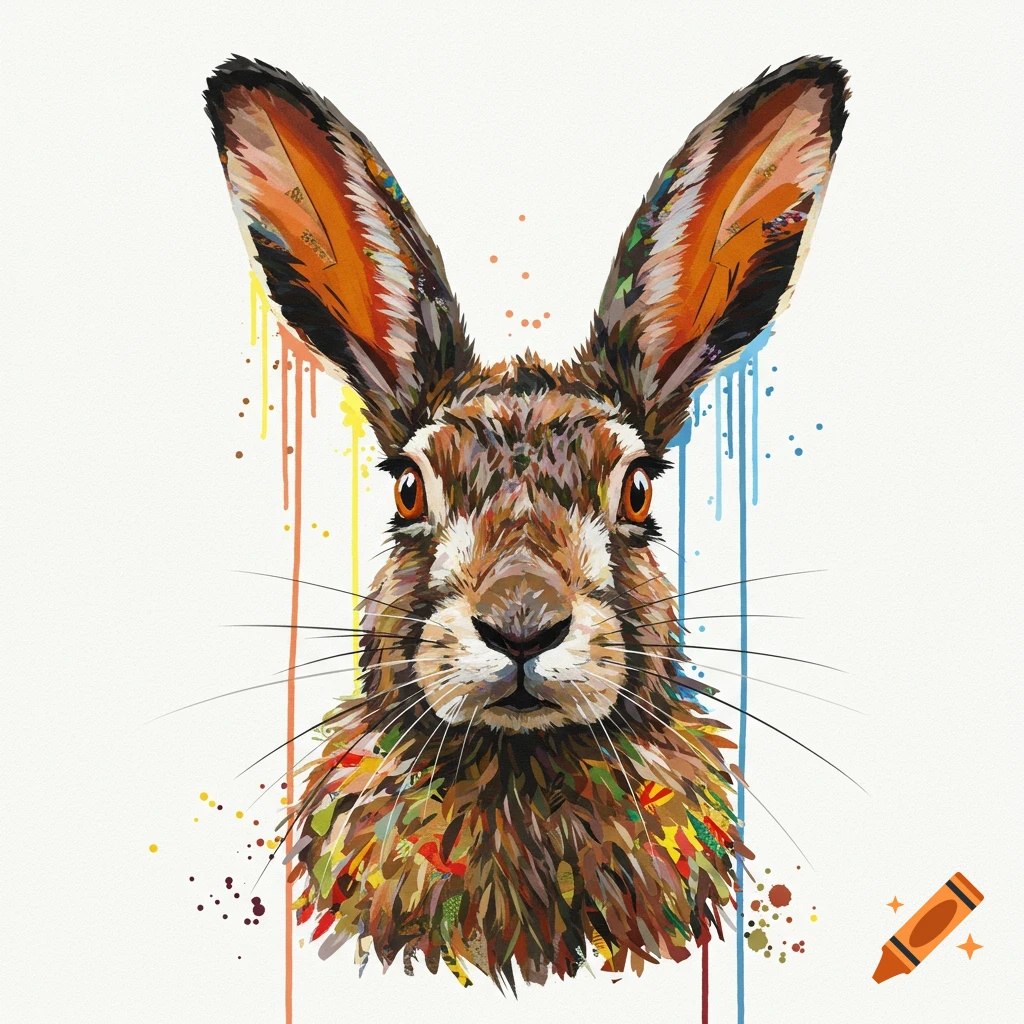 Colorful collage and paint illustration of a hare's head against white ...