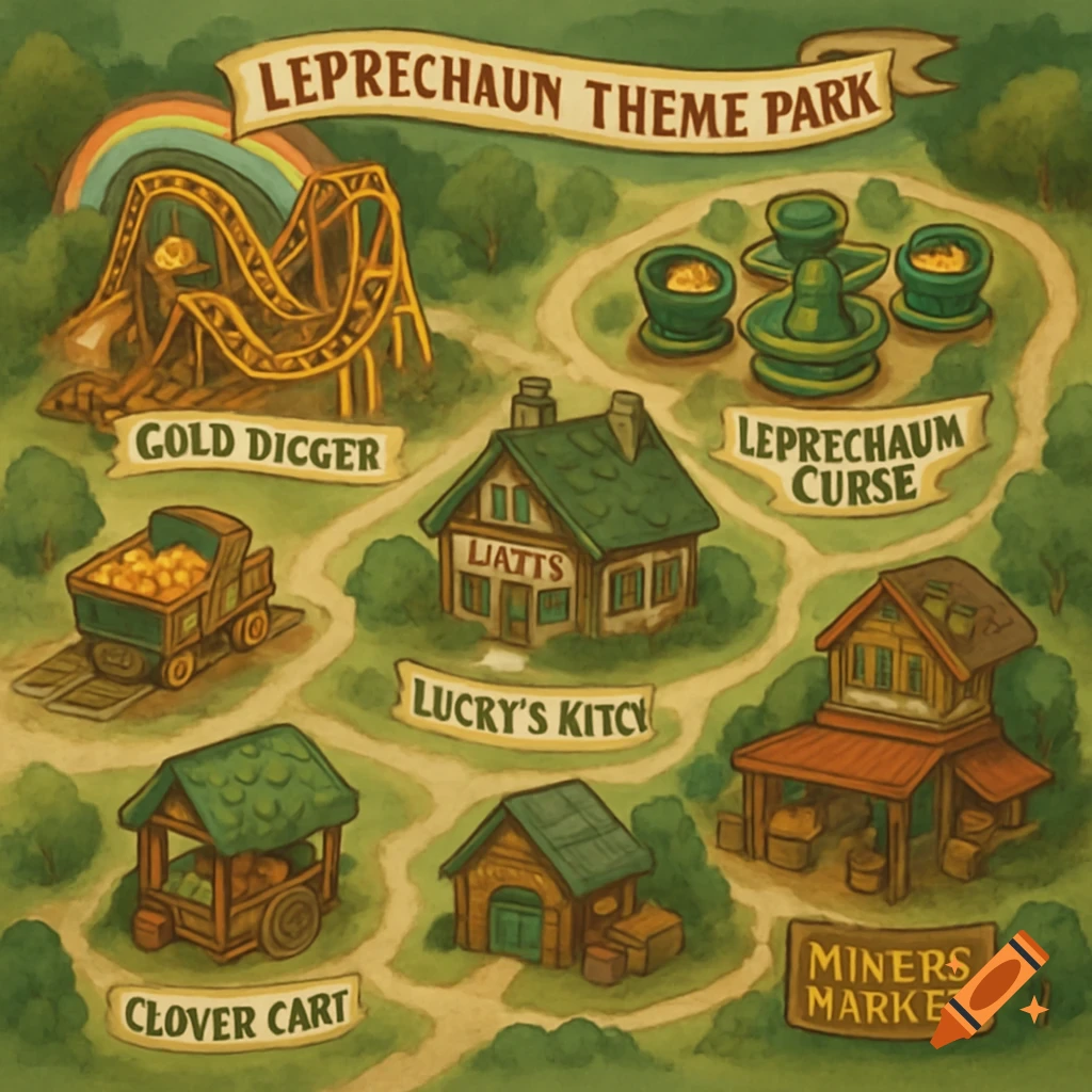 A map of a leprechaun theme park with rides and buildings, in a ...