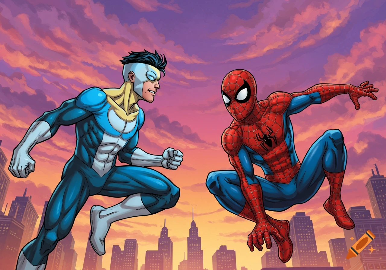 Comic art of Invincible and Spider-Man jumping over a city at sunset ...