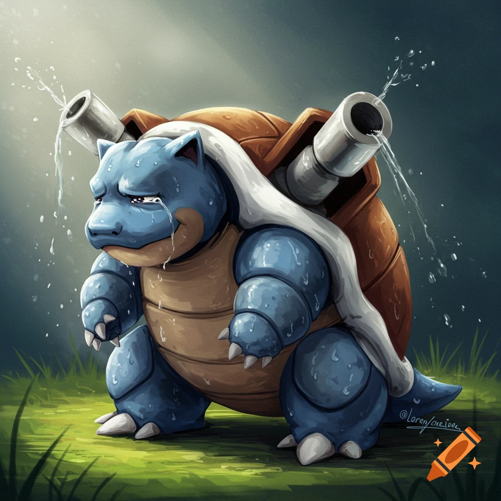 Sad Blastoise cries with water shooting from its cannons, standing in green grass. on Craiyon
