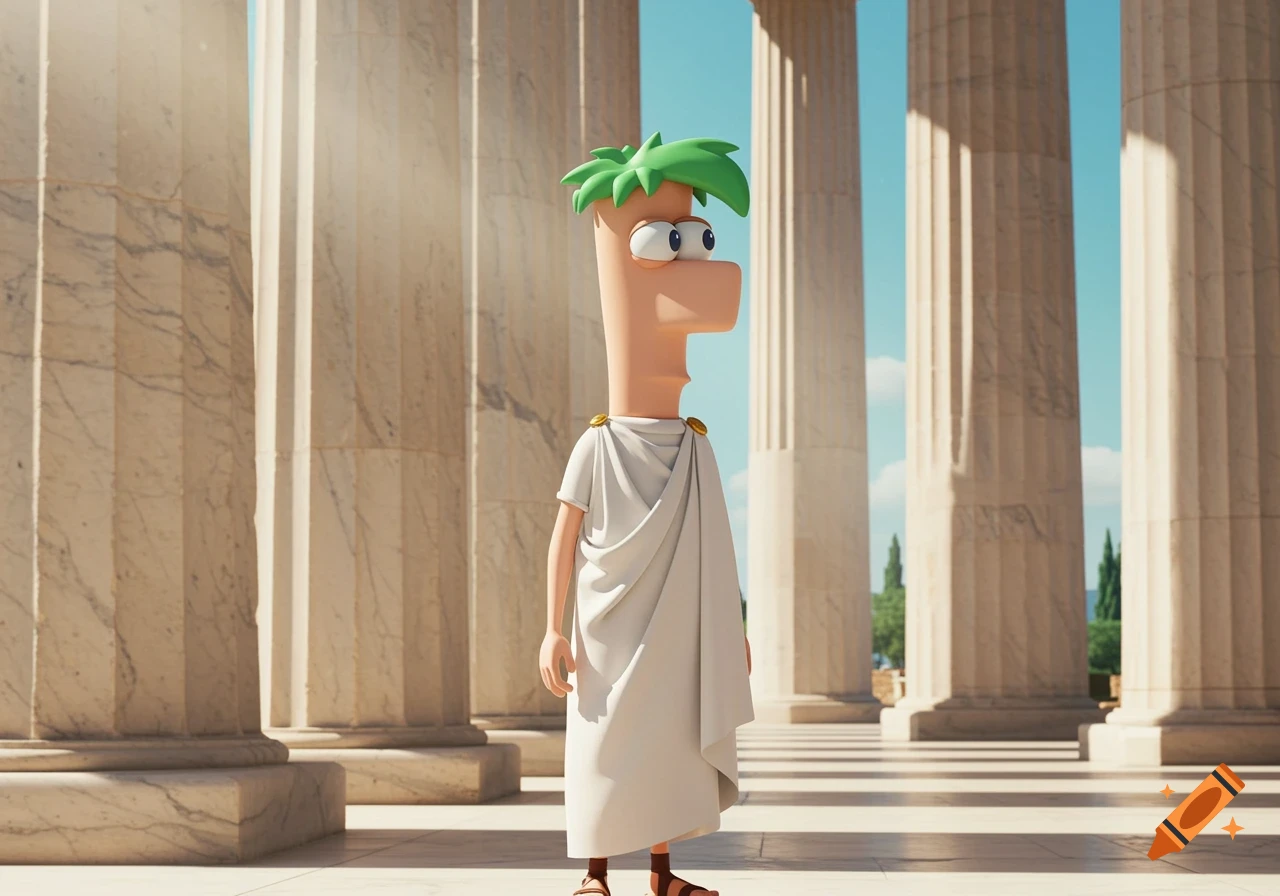 Ferb Fletcher cartoon character wears an ancient Greek toga in front of ...