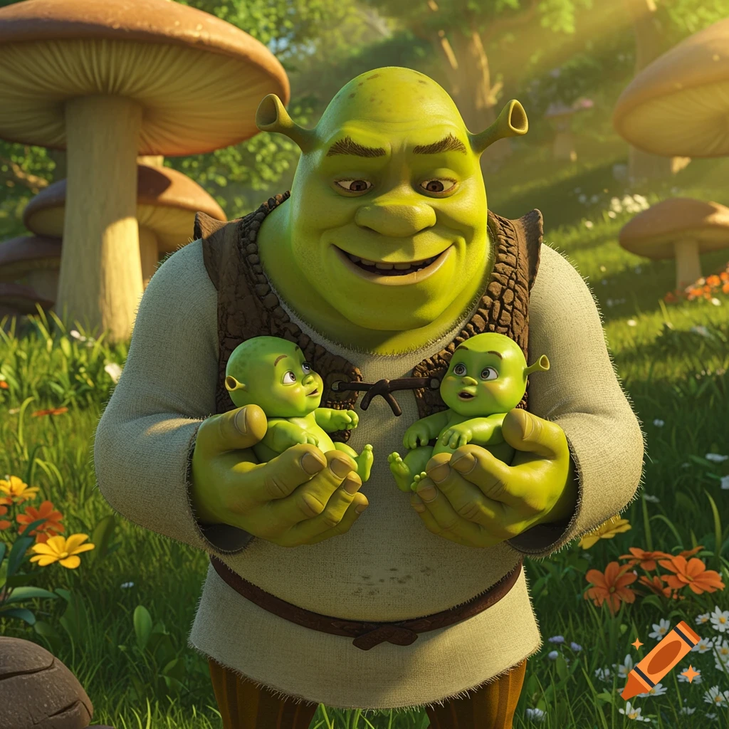 Shrek holds two baby ogres in a lush forest, in a 3D animated style. on ...