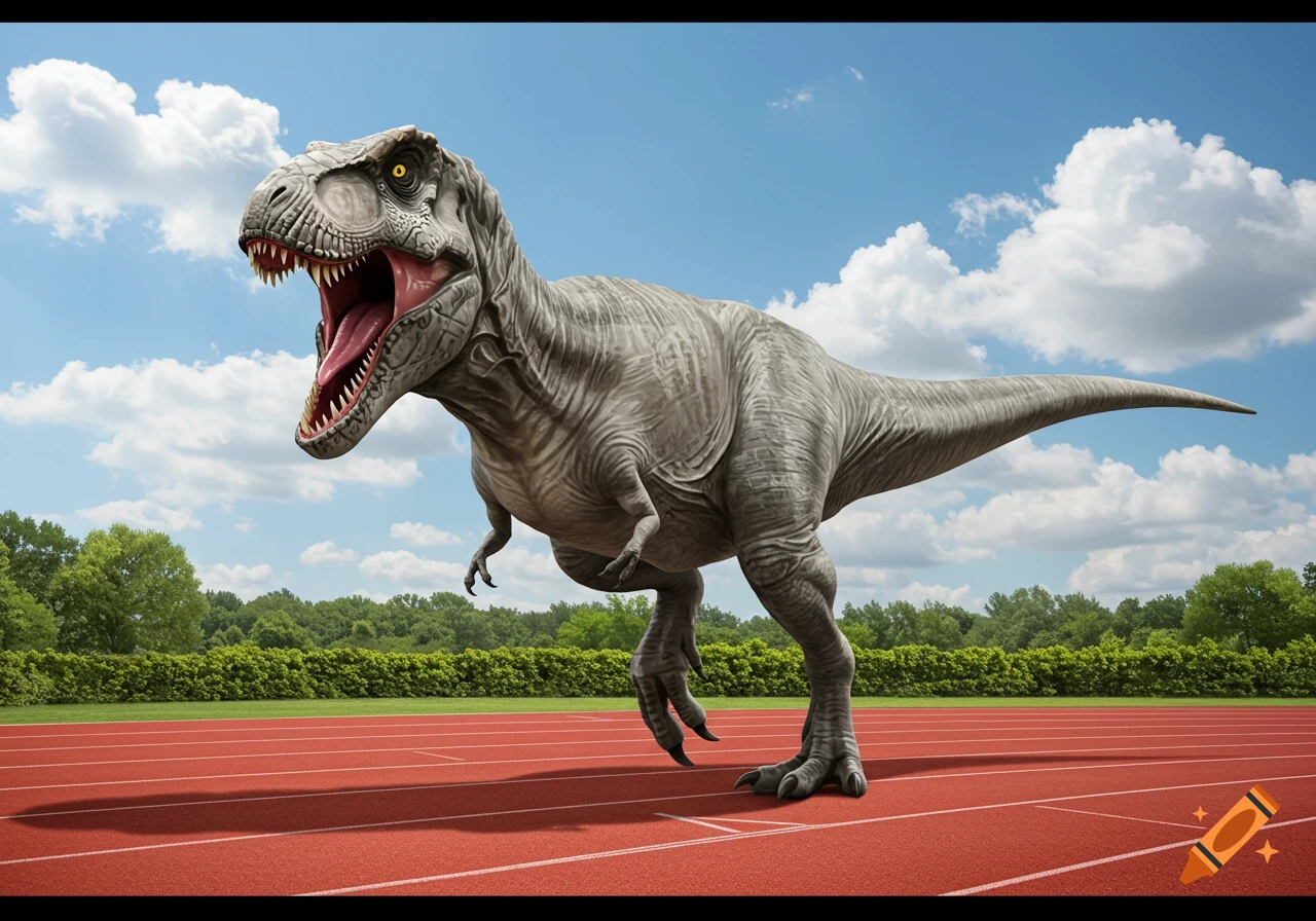 A realistic Tyrannosaurus Rex runs on a red athletics track under a blue sky with clouds. on Craiyon
