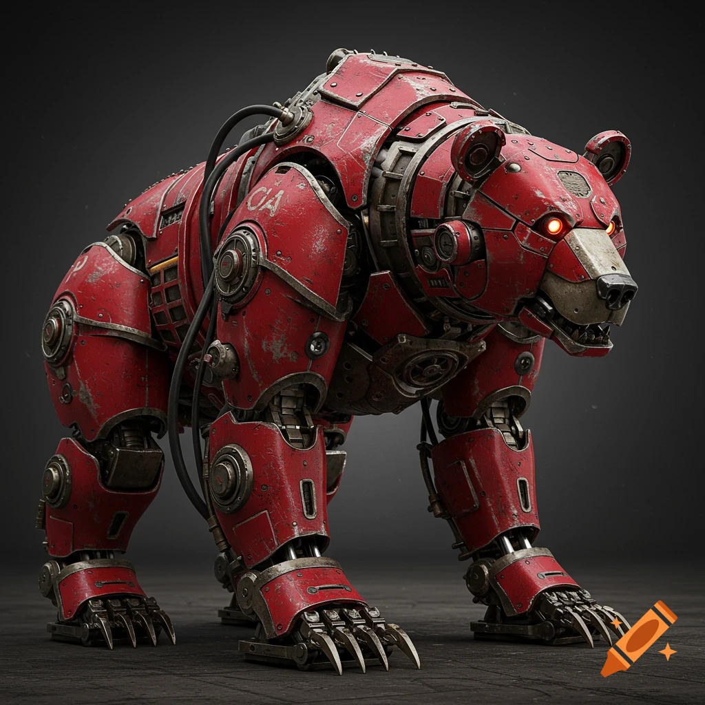 A detailed red mechanical bear with glowing eyes stands on all fours ...