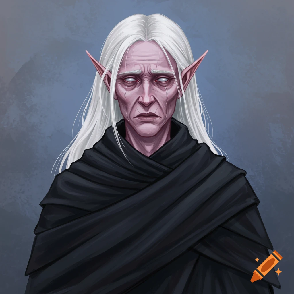 Portrait of a pale elf man with white hair and a black cloak. on Craiyon