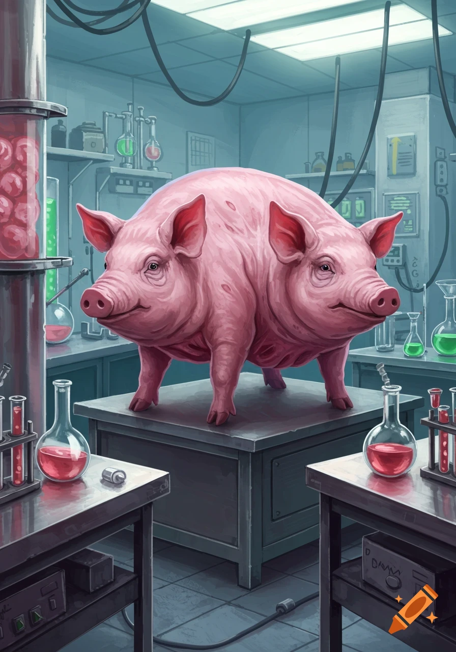 A two-headed, multi-legged pig creature stands on a table in a sci-fi ...