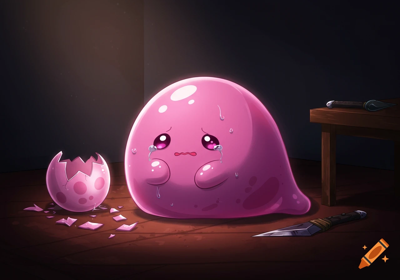 Sad pink slime sits beside broken egg in dimly lit room with knives ...