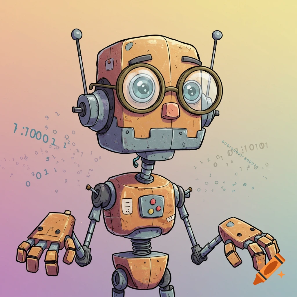 A scruffy cartoon robot wearing glasses with binary code symbols floating around its head. on ...