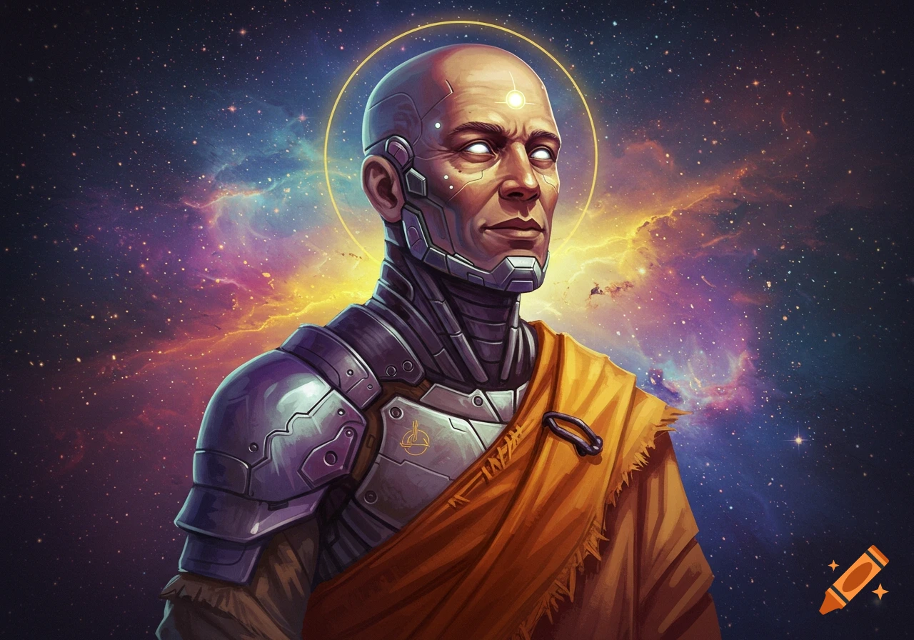 Sci-fi portrait of a cybernetic space monk in robes and armor against a ...